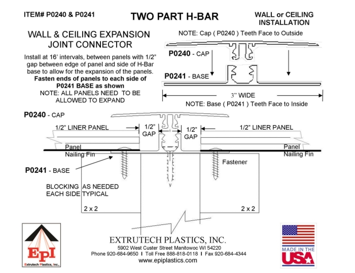 Item # P0240, 3" Cap, Two Part H-Bar Trim On Extrutech Plastics, Inc.